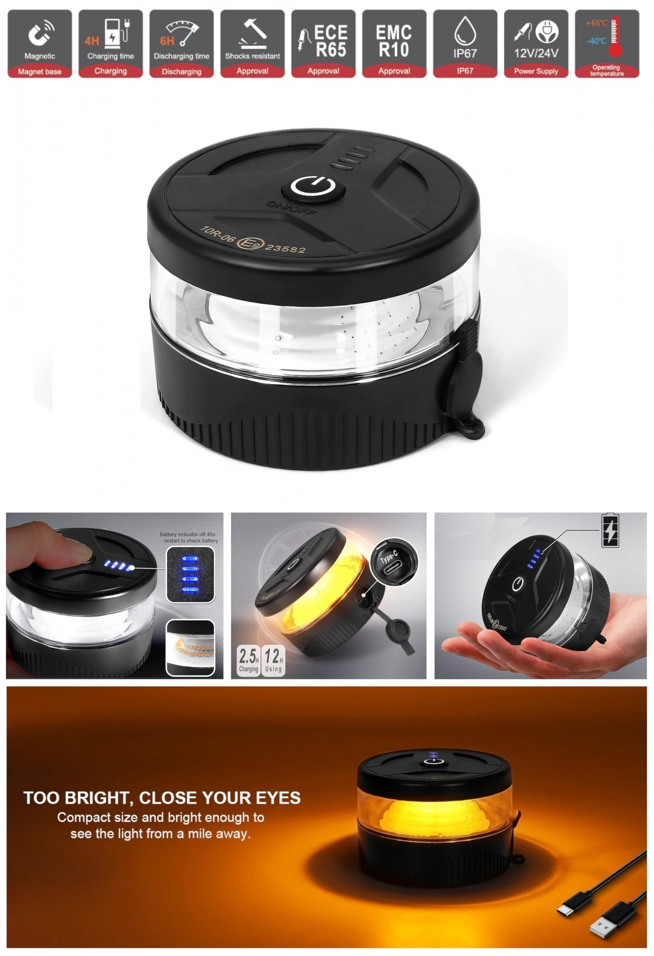 Επαναφορτιζόμενος LED Φάρος Πορτοκαλί 12V / 24V Με Μαγνήτη Ø80mm | Flexzon.gr